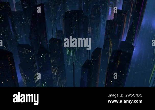 Drone view of a futuristic city at night. 3D animation of a future city ...