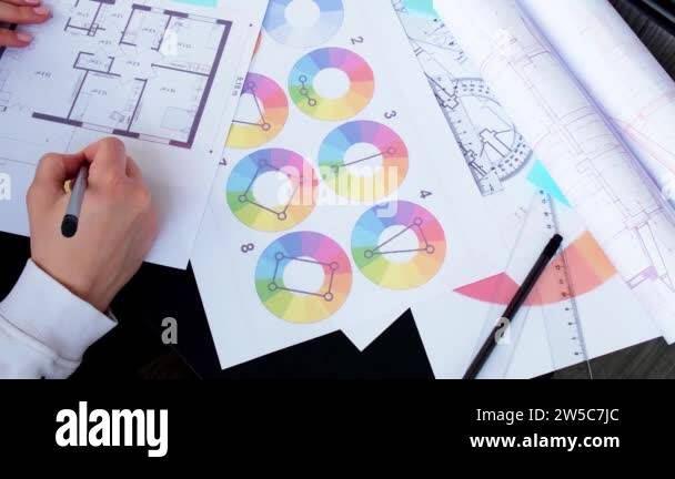 4k Architect designer Interior creative working hand drawing blueprints ...