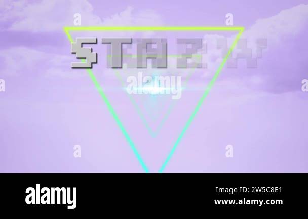 Digital animation of start text over neon triangle shapes in seamless ...