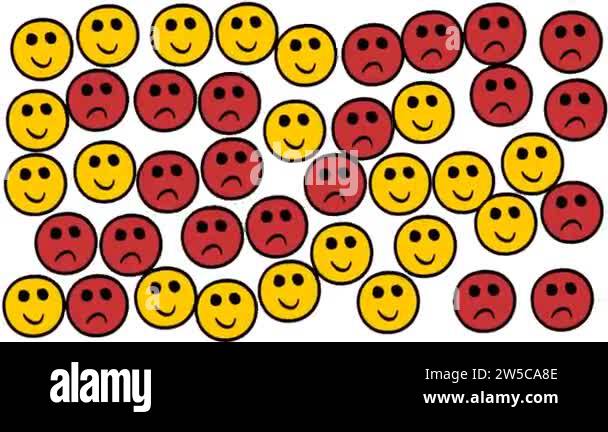 Many smile faces bouncing each other. Happy yellow faces and sad red ...