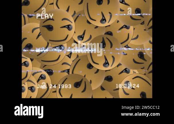 Digital animation of vhs glitch effect over multiple smirk face emojis ...