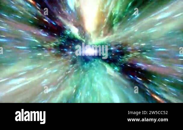 Abstract colorful glow blue green hyperspace tunnel through space time vortex loop background ...