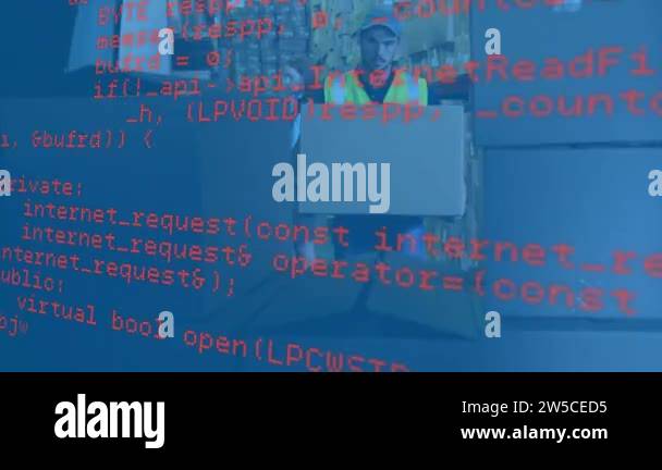 Data processing against caucasian delivery man stacking delivery boxes in his van. logistics and ...