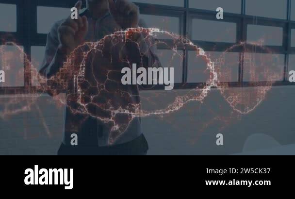 Animation of human brain spinning and data processing over businessman ...