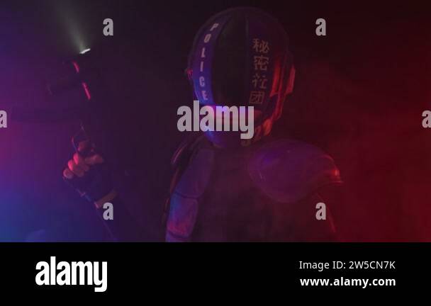 Cyberpunk concept, future world. Police officer cop, halfman bionic ...