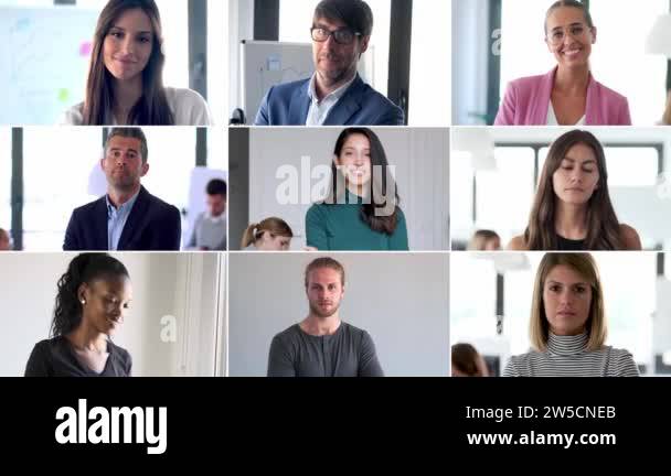 Video of headshot screen application view of diverse employees working ...