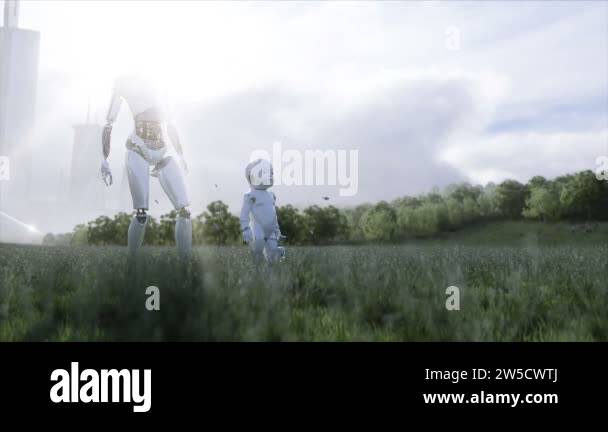 mother robot with her baby robot in the meadow on the background of a ...