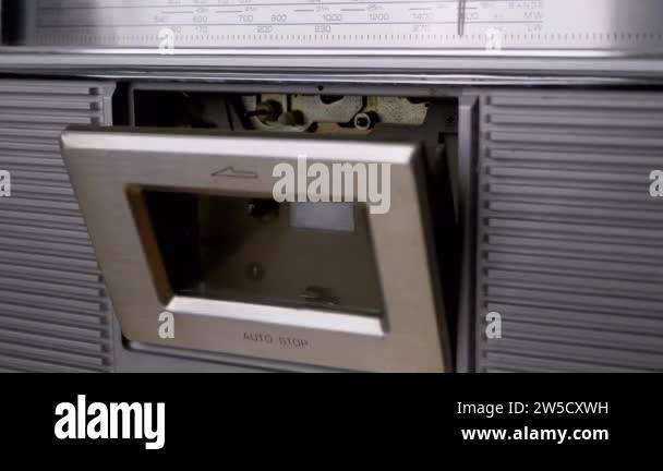 Open Cassette Deck of Old Tape Recorder, Insert 90s Cassette, Close ...