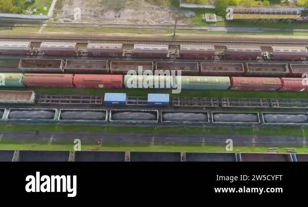 freight trains top down view. A lot of freight trains top view. Flying ...