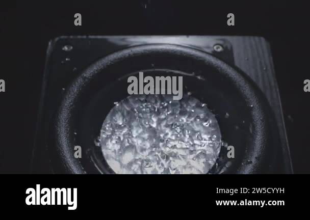 Dark Wave Audio and Black Water Liquid on a Plate. Subwoofer speaker ...