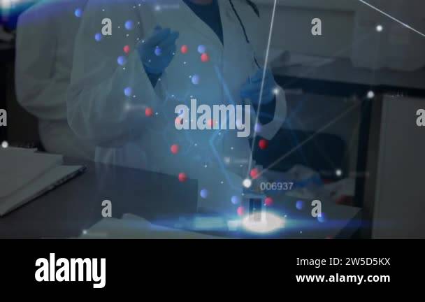 Animation of medical data processing and DNA strand spinning over two ...