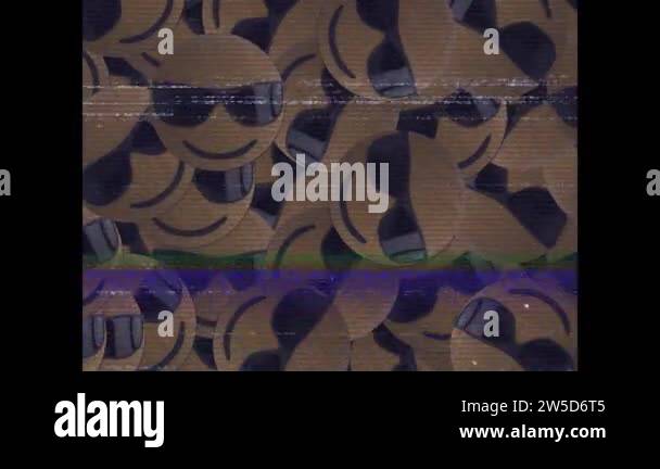 Vhs glitch effect over multiple face wearing sunglasses emojis on black ...