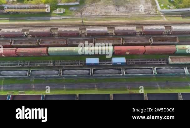 Top view of freight trains at a railway junction. large railway ...