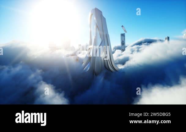 Futuristic sci fi city in clouds. Utopia. concept of the future. Flying ...