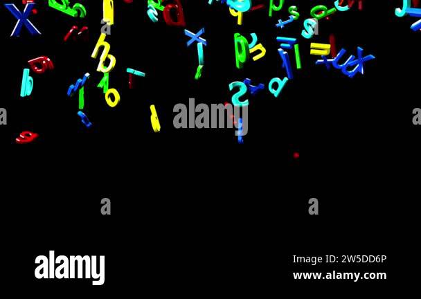 Many multicolored letters falling falling out on a black background ...