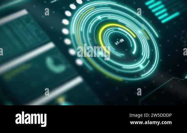 HUD digital transformation user interface computer screen display with pixels background. Blue ...