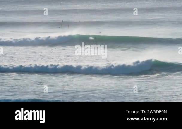 Video footage of beautiful view to the perfect blue waves with people surfing in Impossibles and ...