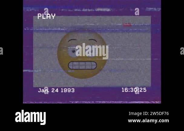 Digital animation of vhs glitch effect over grimacing face emoji on ...