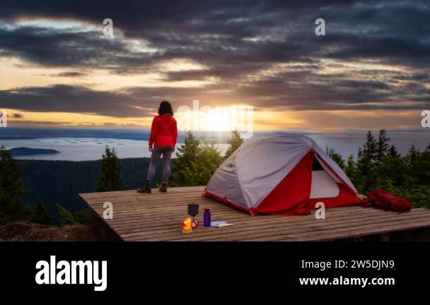 Cinemagraph Continuous Loop Animation. Adventure Girl and Camping Tent ...