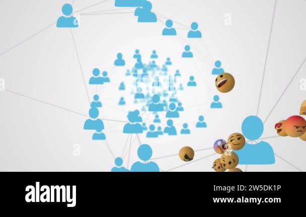 Animation of emojis floating over network of connected blue people ...