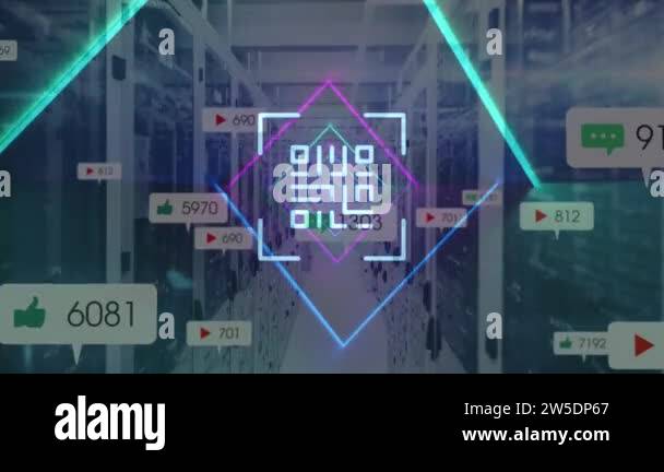 Animation of qr code over social media icons. global digital security ...
