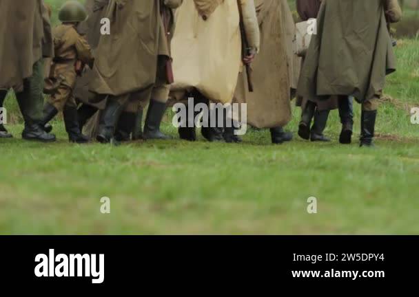 Column of Red Army soldiers with child kid in soviet uniform with gun ...