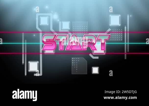 Start text over neon banner against digital interface layout on black ...