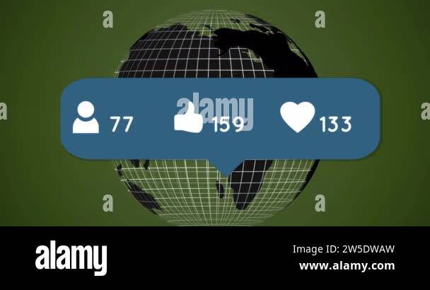 Multiple social media icons with increasing numbers over spinning globe against green background ...