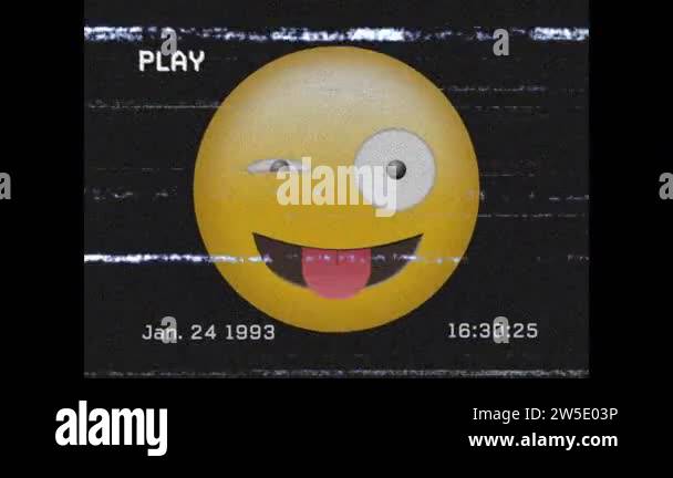 Digital animation of vhs effect over silly face emoji on black ...