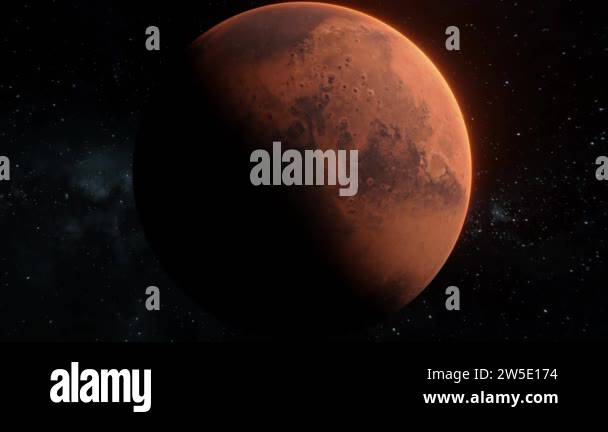 Flying around Mars planet spinning in open space over stars background ...