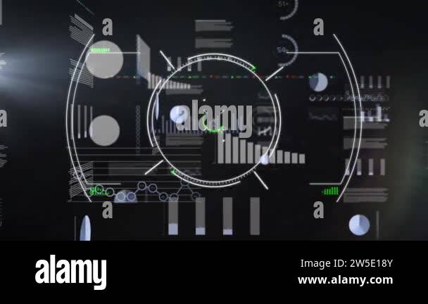 Digital animation of scope scanning over multiple screens with data processing on black ...