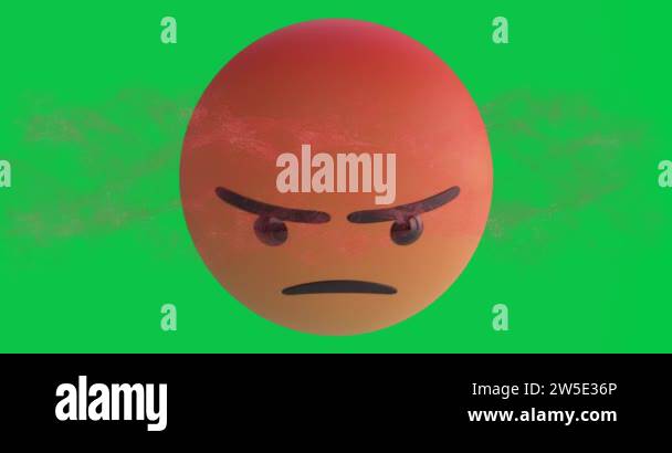 Digital animation of digital wave over angry face emoji against green ...
