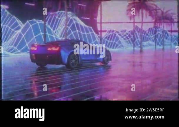 80s retro background 3d animation with VHS effect. Futuristic car drive ...