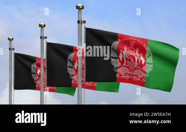 3D, Afghan flag waving on wind with blue sky. Close up Afghanistan ...