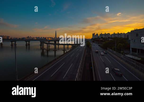 Beautiful view to the cars driving on multi-level highway on the ...