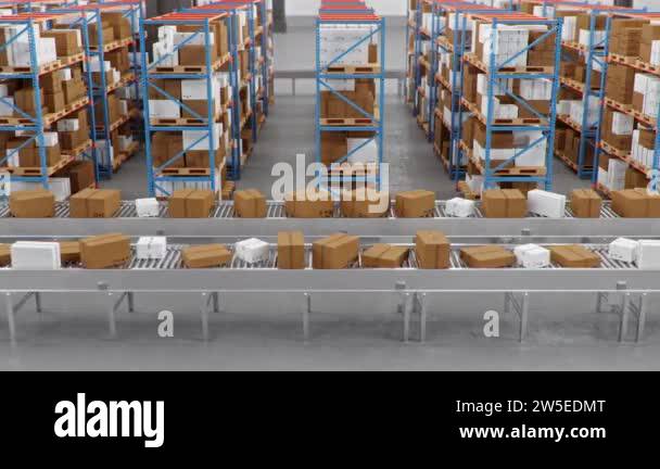 Warehouse with cardboard boxes inside on pallets racks, logistic center ...