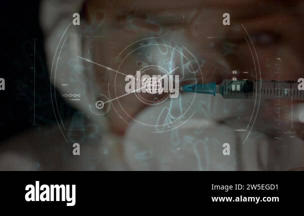 Animation of network of connections with scope scanning, vaccine and covid 19 cells. global ...