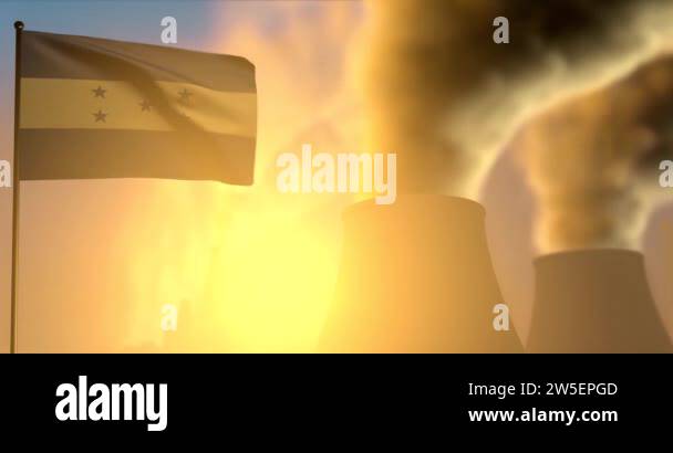 Honduras flag wave on smoking factory pipes background on sunset ...