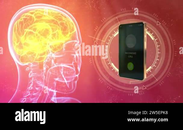 x-ray human head moving with ringing incoming call phone, brain danger ...