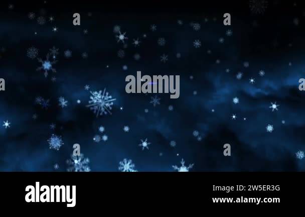 Digital animation of level up text against snowflakes falling on black ...