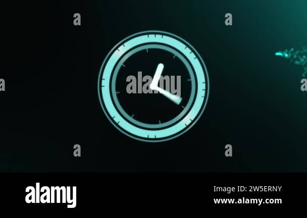 Digital animation of neon digital clock ticking over light trails ...