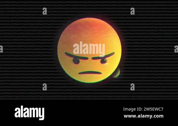 Digital animation of tv static effect over angry face emoji against ...