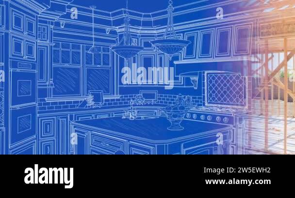 4K Wood Custom Kitchen Blueprint Drawing Transitioning to Construction ...