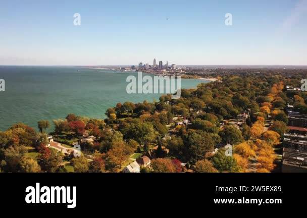 Beautiful rising up aerial panoramic view of Cleveland, Ohio from a ...