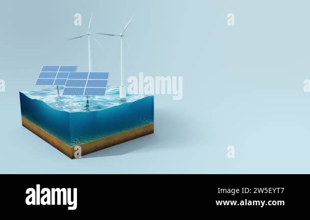 Solar panels with wind turbines on surface sea, ocean. Piece of land ...