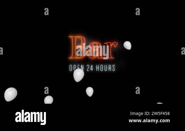 White balloons floating over neon orange bar oepn 24 hours text ...