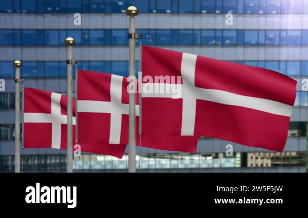 3D, Danish flag waving on wind with modern skyscraper city. Denmark ...