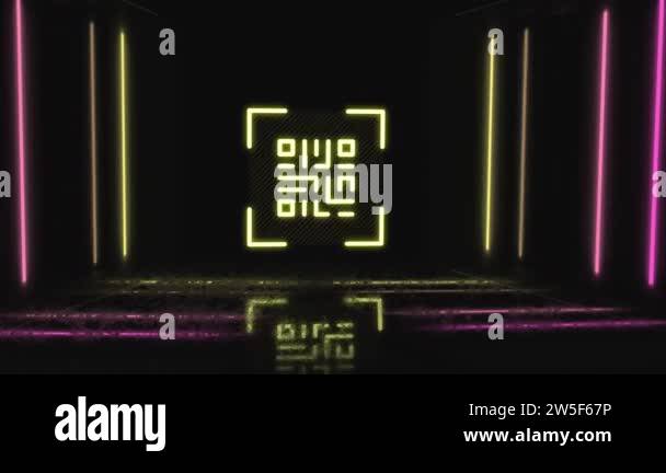 Digital animation of glowing neon yellow qr code against glowing lines on black background ...