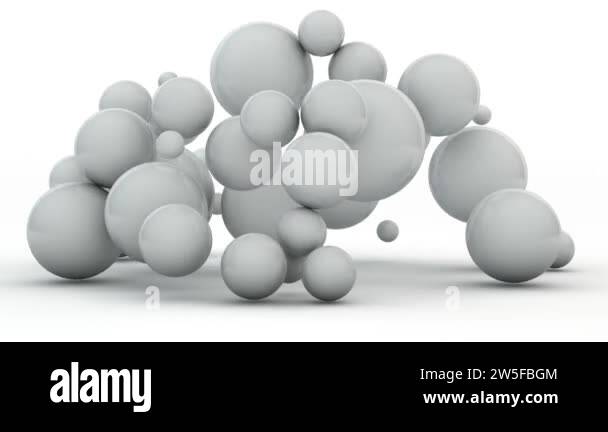 3D animation of chaotic, pulsed movement of many spheres of different ...