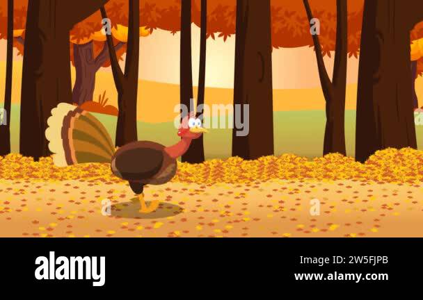 Thanksgiving Turkey Bird Cartoon Character Running In The Forest. 4K ...